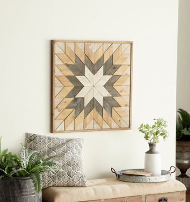 Harper & Willow Square Chevron Pattern Gray/White/Natural Wood Wall Art ...