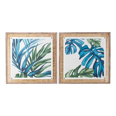 Harper & Willow Square Blue and Green Botanical Leaves on Paper Wood ...