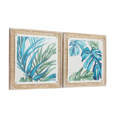 Harper & Willow Square Blue and Green Botanical Leaves on Paper Wood ...