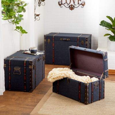 Harper & Willow Blue Linen Storage Trunks with Handles and Leather ...