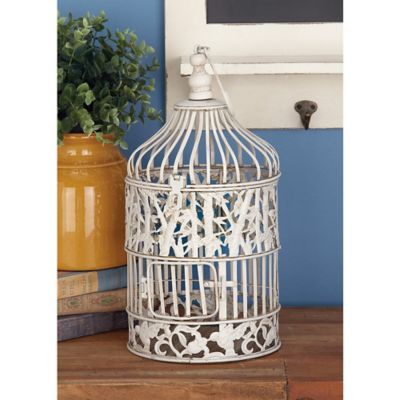 Harper & Willow Vintage Distressed White Metal Floral Bird Cages, 22 in ...