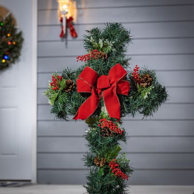 Gerson International 24 in. Greenery Cross with Red Berry Sprays and ...