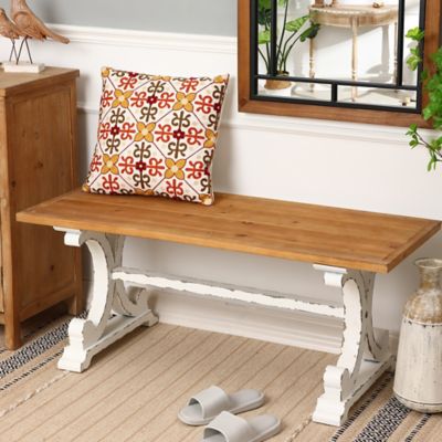 LuxenHome 45 in. Farmhouse White and Natural Wood Entry Coffee Table ...