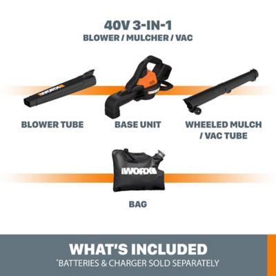 WORX 185 MPH/350 CFM Nitro 40V (2x20) Cordless Tri-Vac, Blower/Mulcher ...