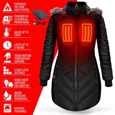 ActionHeat Women's 5V Battery Heated Long Puffer Jacket with Fur Hood ...