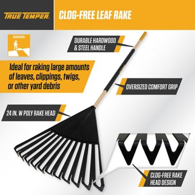 True Temper 24 in. Plastic Clog-Free Tine Leaf Rake with 48 in ...