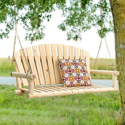 LuxenHome Natural Unfinished Wood Log Cabin Porch Swing with Chains ...