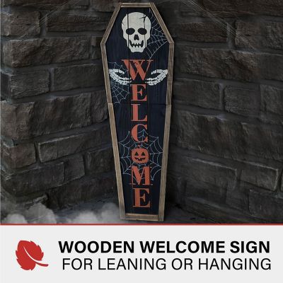 Haunted Hill Farm 33-In. Wood Coffin Welcome Sign with Folding Storage ...