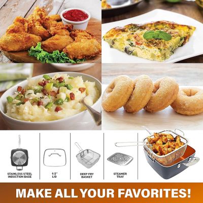 Gotham Steel 9.5 in. Deep Square 4 pc. Frying Pan Set with Lid, Basket ...