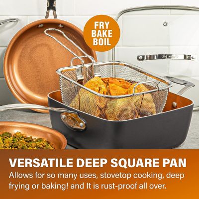 Gotham Steel 9.5 in. Deep Square 4 pc. Frying Pan Set with Lid, Basket ...
