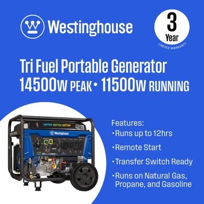 Westinghouse 14,500/11,500-Watt Tri-Fuel Portable Generator, CO Sensor ...