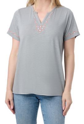 Como Vintage Women's Embroidered Fashion V-Neck Short-Sleeve T-Shirt, L ...