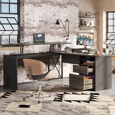 Bestier L Shaped Desk with Drawers, Monitor Stand and Lift Top at ...