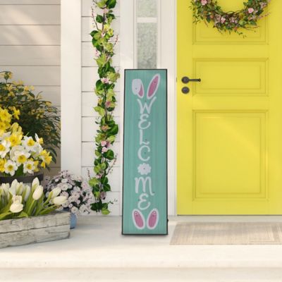 Fraser Hill Farm 45 in. WELCOME Porch Leaner Sign with Battery Operated LED Lights and Bunny ...