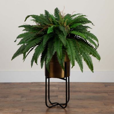 Nearly Natural 35 in. Artificial Boston Fern in Brass Metal Planter ...