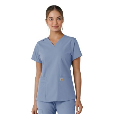 Carhartt Women's Force Essentials V-Neck Knit Panel Scrub Top, M,Ceil ...