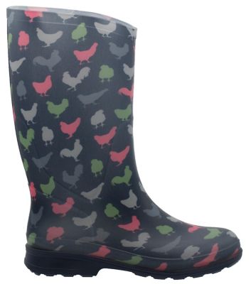 Blue Mountain Women's Chicken Print Tall Waterproof Rain Boots, Navy