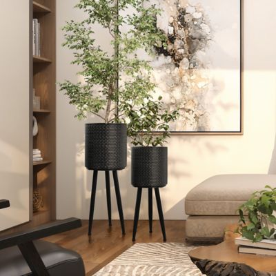 LuxenHome Set of 2 Black Dimpled Metal Cachepot Planters with Black ...