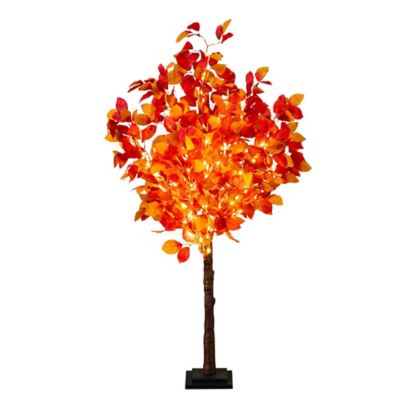 Nearly Natural 4 ft. Pre-Lit Green Autumn Oak Artificial Fall Tree with ...