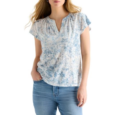 Lucky Brand Women's Shirred Notch Neck Short Sleeve Tee, L,Blue/Multi ...