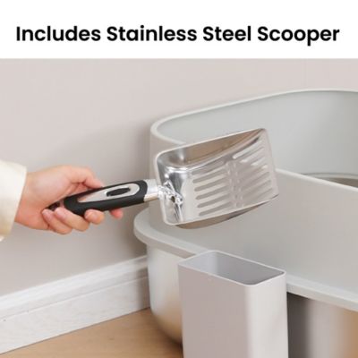 PawsPik Stainless Steel Cat Litter Box & Metal Scooper, X-Large, Light Gray