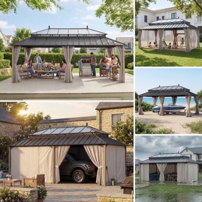 Sunjoy Kingston 20 x 12ft. Steel & PC Roof/Hardtop Gazebo with Curtain ...