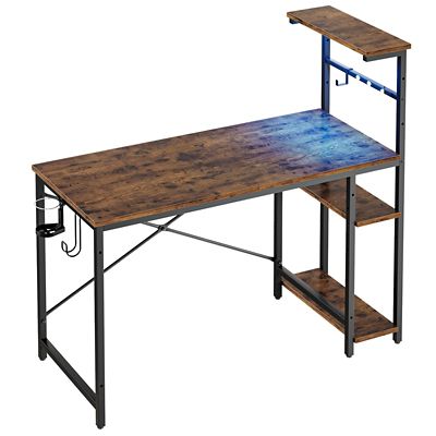 Bestier 44 in. Gaming Desk with LED Lights, Adjustable Shelves & Cup ...