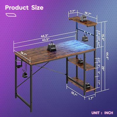Bestier 44 in. Gaming Desk with LED Lights, Adjustable Shelves & Cup ...