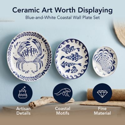 American Art Decor Coastal Wall Plate, Set of 3, Blue & White Ceramic ...